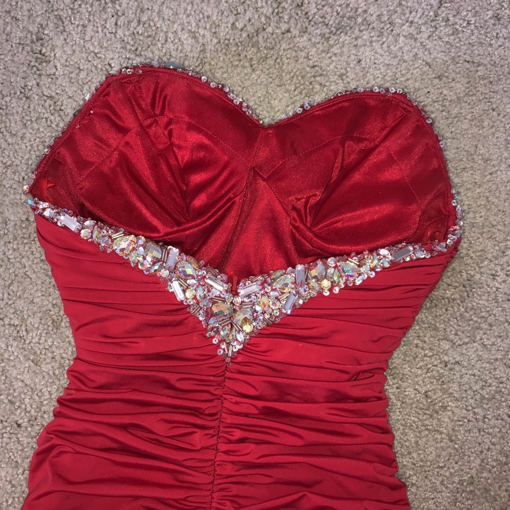 Red Strapless Beaded Crystal Prom Dress - Gem